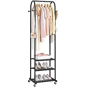 Kaitiemoo Heavy Duty Clothing Rack With Wheels,Modern Garment Rack With 3 Metal Shelves, 71.8Inches Display Rack For Hanging Clothes, Hanging Rod For Small Space,Black