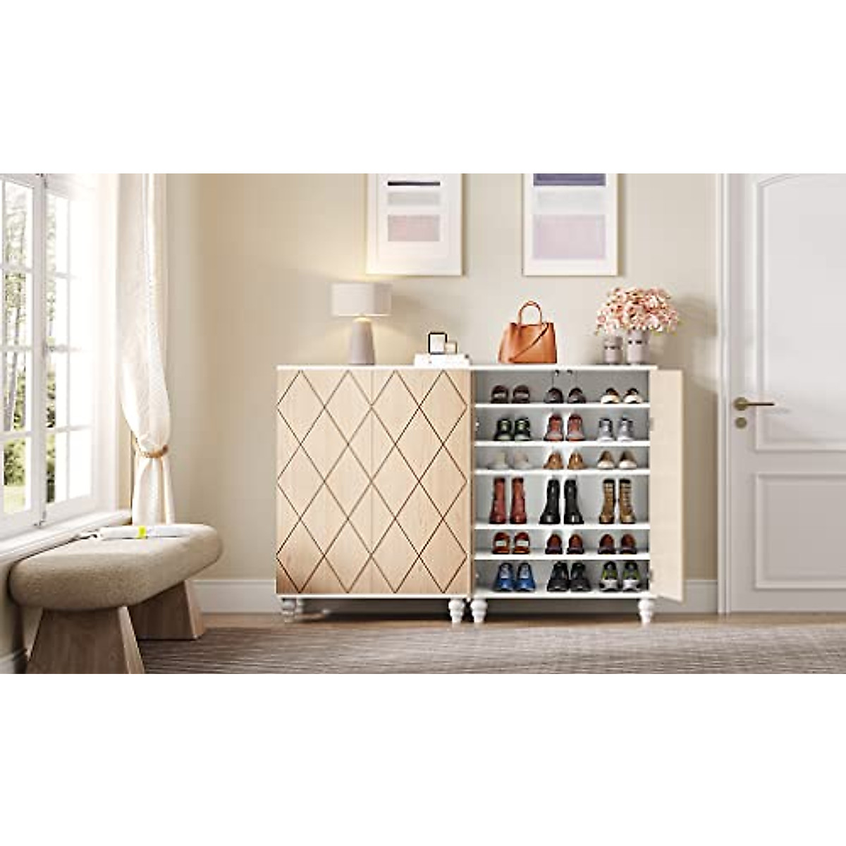 Tribesigns 2-Door Shoe Cabinet with Solid Wood Legs,7-Tier Shoe Storage Cabinet with Adjustable Shelves,Large Capacity Wooden Shoes Rack Organizer Storage Cabinets for Entryway,Maple