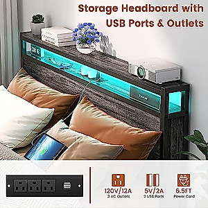 Homieasy Full Size Bed Frame with Charging Station and Led Lights, Industrial Metal Platform Bed with Storage Headboard, Steel Slat Support, No Box Spring Needed, Noise-Free, Black Oak