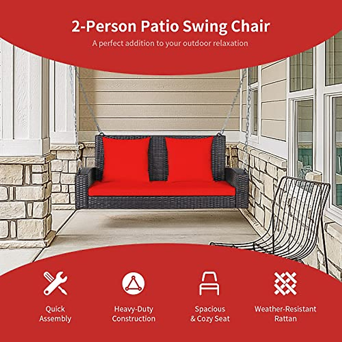 RELAX4LIFE Porch Swing 2-Seat Patio Rattan, Wicker Porch Swings Outdoor W/ Two 7.9 Ft Solid Steel Chain, Comfortable Back & Seat Cushions, for Front Porch, Garden, Backyard Patio Swing (Red)