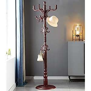 High-Grade Coat Rack Freestanding Coat Rack Stand, Wooden Coat Rack Stand with 14 Hooks, Coat Rack Wooden Tree for Coats, Hats, Bags, Purses, for Entryway Hallway Foyer Office Closet (Mahogany color)