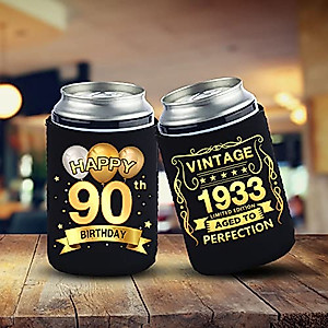Greatingreat 90th Birthday Can Cooler Sleeves Pack of 12-90th Anniversary Decorations- Vintage 1933-90th Birthday Party Supplies - Black and Gold Ninety Birthday Cup Coolers