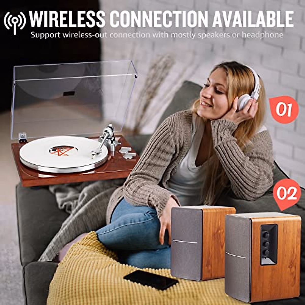 Turntable Record Player Bluetooth Built-in Phono Pre-amp 2-Speed Belt-Driven with Adjustable Counterweight Magnetic Cartridge Vinyl Recording via PC Turntables for Vinyl Records