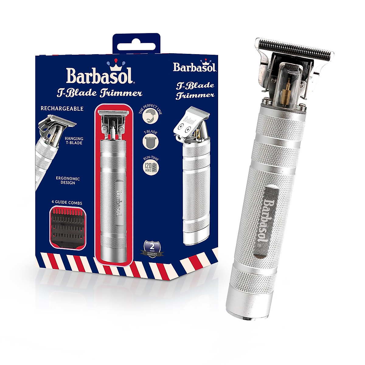 Barbasol Stainless-Steel Rechargeable Zero-Gapped T-Blade Trimmer, Hanging Blade, 3 Guide Combs
