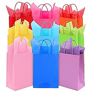 TOMNK 36 Pieces Small Size Gift Bags with 36 Tissue Paper 9 Colors Bulk Party Favor Bags with Handles, Rainbow Gift Bags for Wedding, Baby Shower, Birthday, Party Supplies
