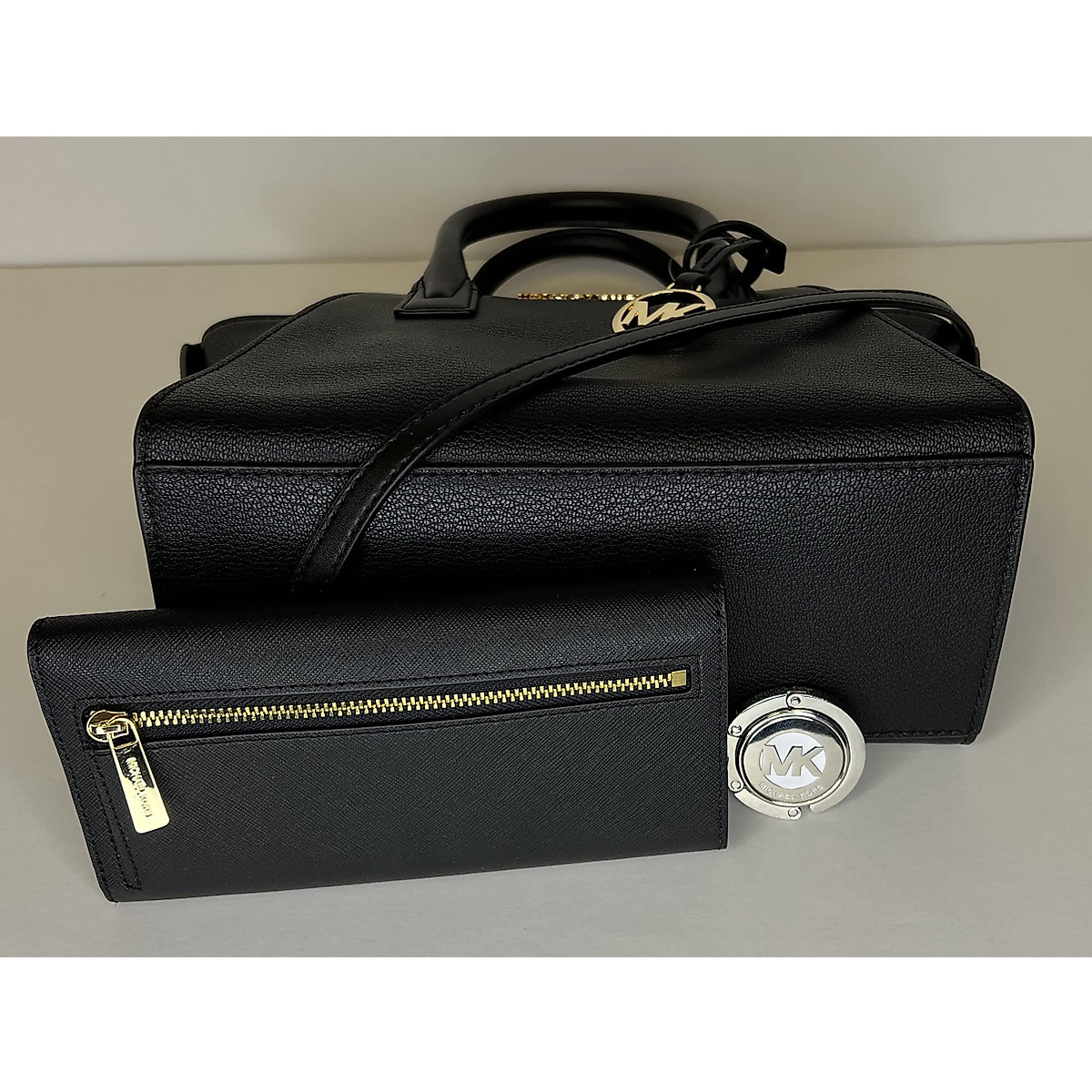 Michael Kors MICHAEL Michael Kors Avril Small Logo Top-Zip Satchel bundled with Trifold Wallet Purse Hook (Black)