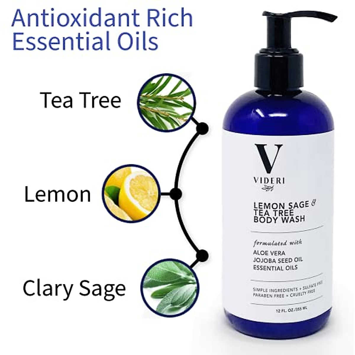 Videri Lemon Sage & Tea Tree Body Wash - Essential Oils, Aloe Vera & Jojoba - Antioxidant Rich, Gentle on Skin & Fresh Citrus Scent - Cruelty, Sulfate & Paraben Free, Vegan, Large 12 fl oz
