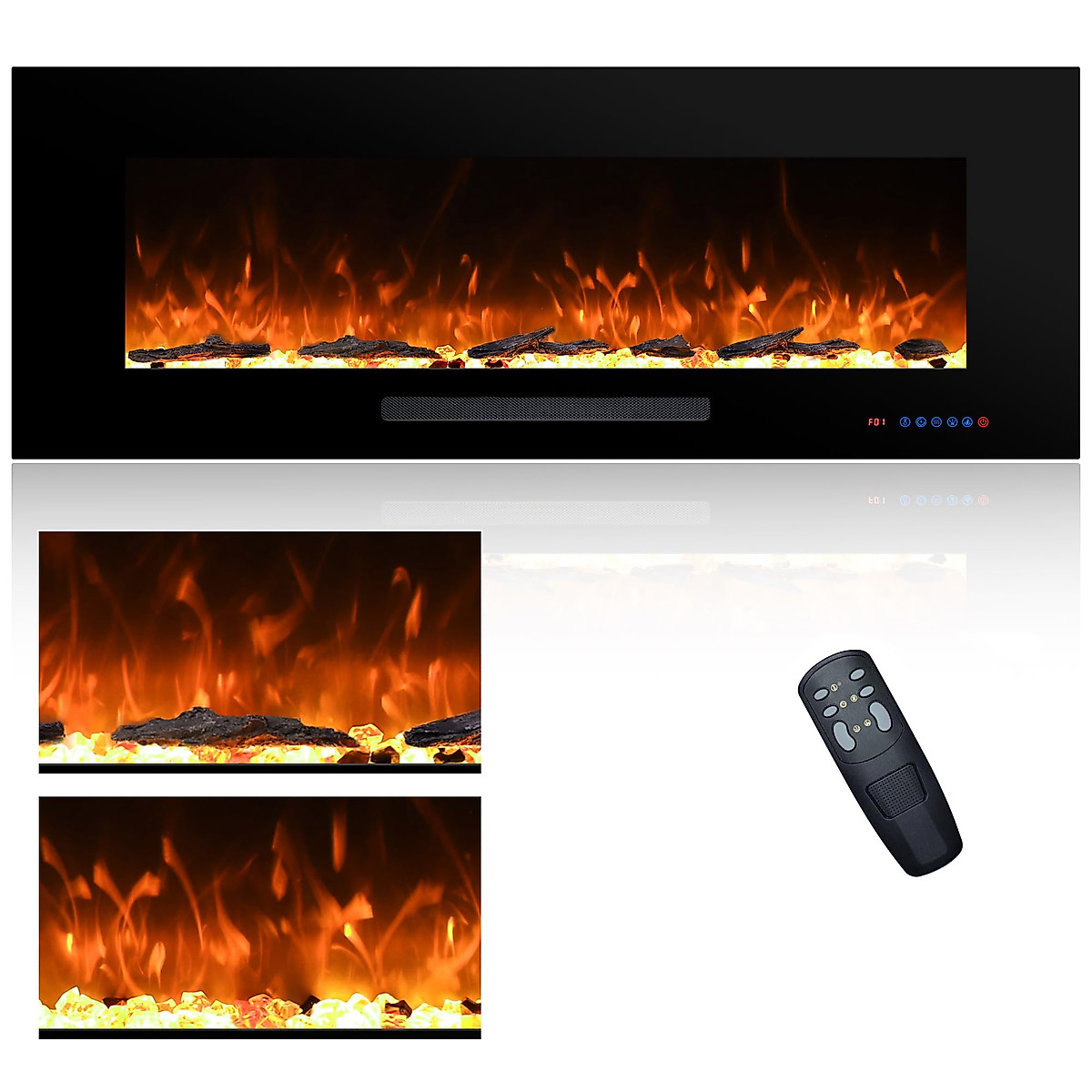 Oxhark Flame 50 inch Electric Fireplace, Wall Mounted and Recessed Fireplace Insert with Remote Control, 13 Flame Effects, 5 Brightness, Realistic Logs & Crystals, 1500W(5100BTU), Timer, Black