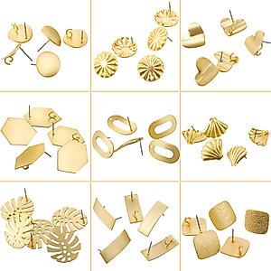Hicarer 90 Pcs Gold Plated Earring Posts for Jewelry Making Earring Studs with Loop Hole Palm-Leaf Shaped Earring Finding Shell Heart Flower Track Ear Pad Base Posts for Women