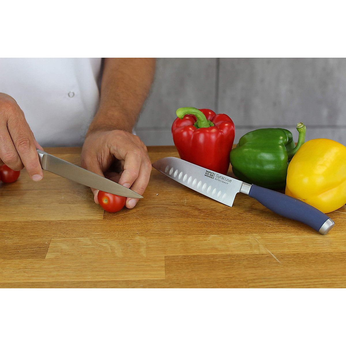 Taylors Eye Witness Syracuse Asian Kitchen Knife Set - Chefs Santoku 13cm/5” & Cooks All Purpose 13cm/5” Cutting Edge, Multi Use. Ultra Fine, Razor Sharp Blade. Soft Textured Grip Denim Blue Handle.