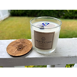 Evil Eye Protection Candle, Pink Quartz, Amethyst Infused, Lavender and Chamomile Scent, 10 oz Glass Jar with Hamsa Hand Positive Energy Beeswax and Soy Wax
