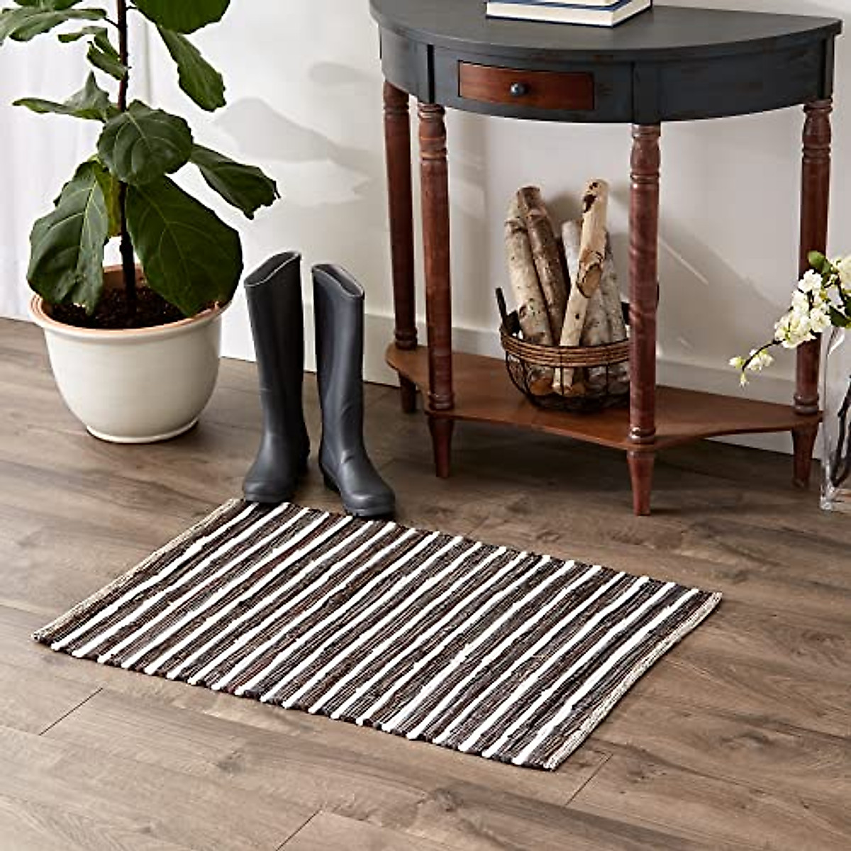 DII Chindi Home Collection Cotton Handwoven Slim Stripe Area Rag Rug, 2x3', Dark Brown