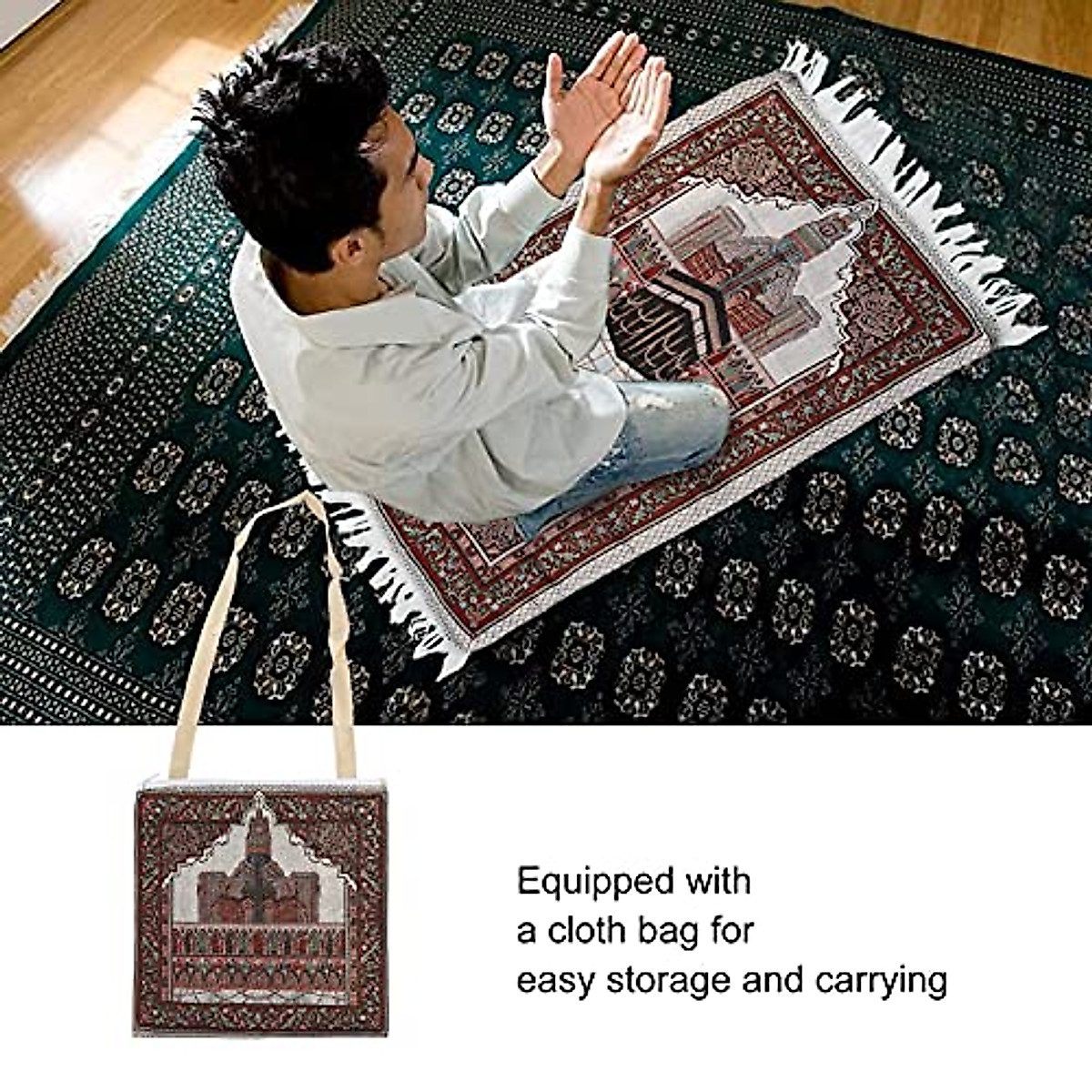 Tnfeeon Muslim Prayer Mat with a Cloth Bag Pilgrimage Carpet Muslim Praying Rug for Pilgri Thick Cotton