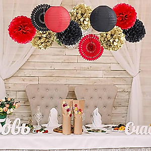 ANSOMO Black Red and Gold Party Decorations Paper Fans Lanterns Tissue Pom Poms Wall Hanging Decor Supplies Bridal Baby Shower Birthday Wedding Graduation