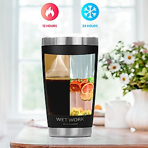 Wet Work Double Wall Tumbler 20 oz Made from Durable Stainless Steel for Hot and Cold Drinks - Insulated Travel Mug for Coffee Tea Wine with Leak Proof Lid for Travel Hiking Camping Gifts - Black