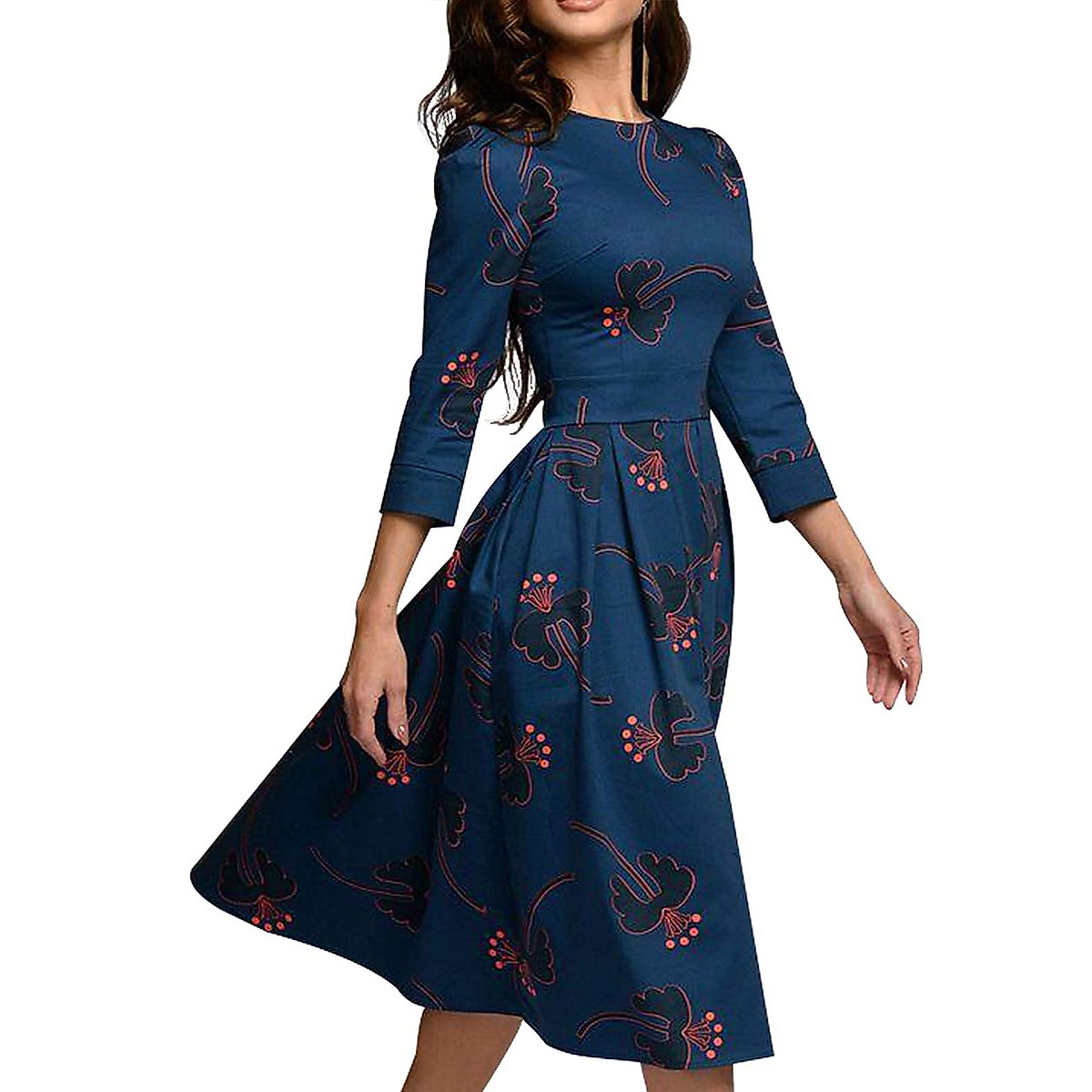 Simple Flavor Women's Floral Evening Flare Vintage Midi Dress 3/4 Sleeve (0658BL, M)