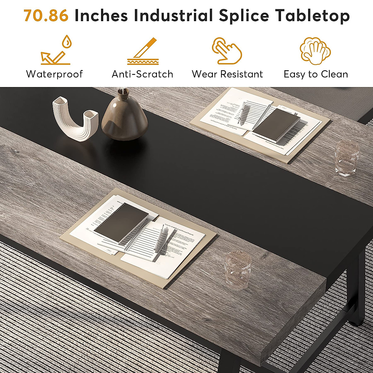 Tribesigns 6FT Rectangle Conference Table, 70.87L x 33.46W x 29.92H Inches Meeting Table for Conference Room, Vintage Wood Office Executive Desk with Strong Metal Frame for 6 People (Grey)