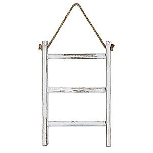 MyGift Wall-Leaning Rustic Gray with White Finish Wood Ladder-Style Blanket Rack & MyGift 3-Tier Mini Whitewashed Wood Wall-Hanging Hand Towel Storage Ladder with Rope