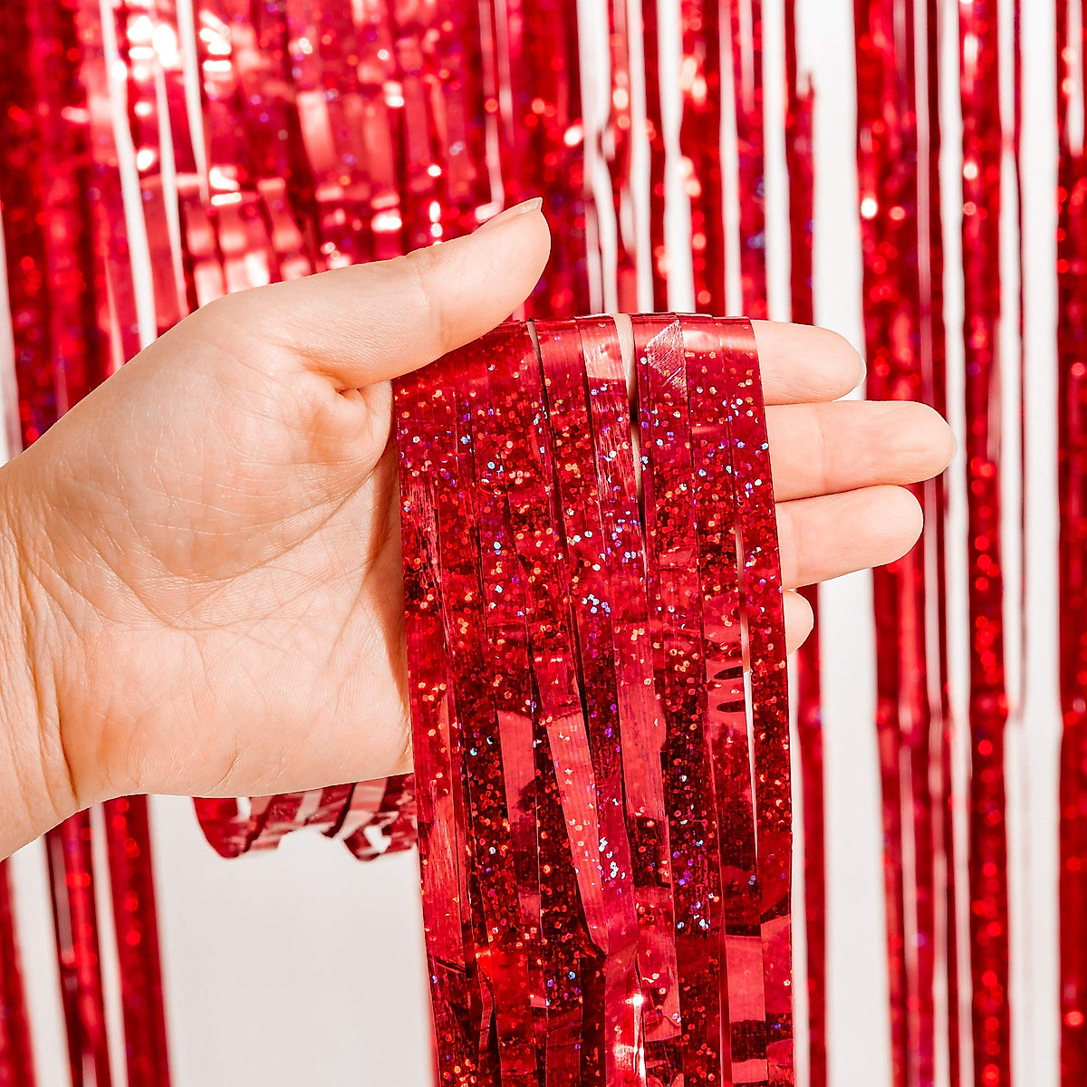 Red Fringe Curtains Party Streamers Backdrop - GREATRIL Foil Tinsel Curtain Cortinas para Fiestas Decoracion Backdrop for Stranger Theme Party Christmas Valentines Day Party 2-Pack