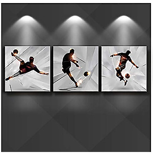 KLVOS Soccer Wall Art Prints Boy Room Sports Theme Decor Stretched and Gallery Wrap Modern Home Decoration for Man Cave Bedroom Ready to Hang - 12x12inchx3 Panel