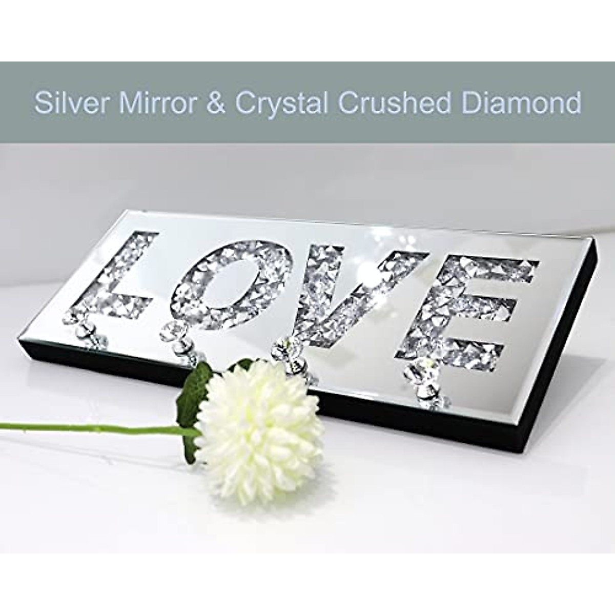 Crush Diamond Mirrored Love Letter Plaque Sign for Wall Decor, Crystal Clear Hooks Key Holder Key Hanger, Silver Mirror Decoration Wall Art, Wall Mounted Home Decor 15"×5.9"×1.6"
