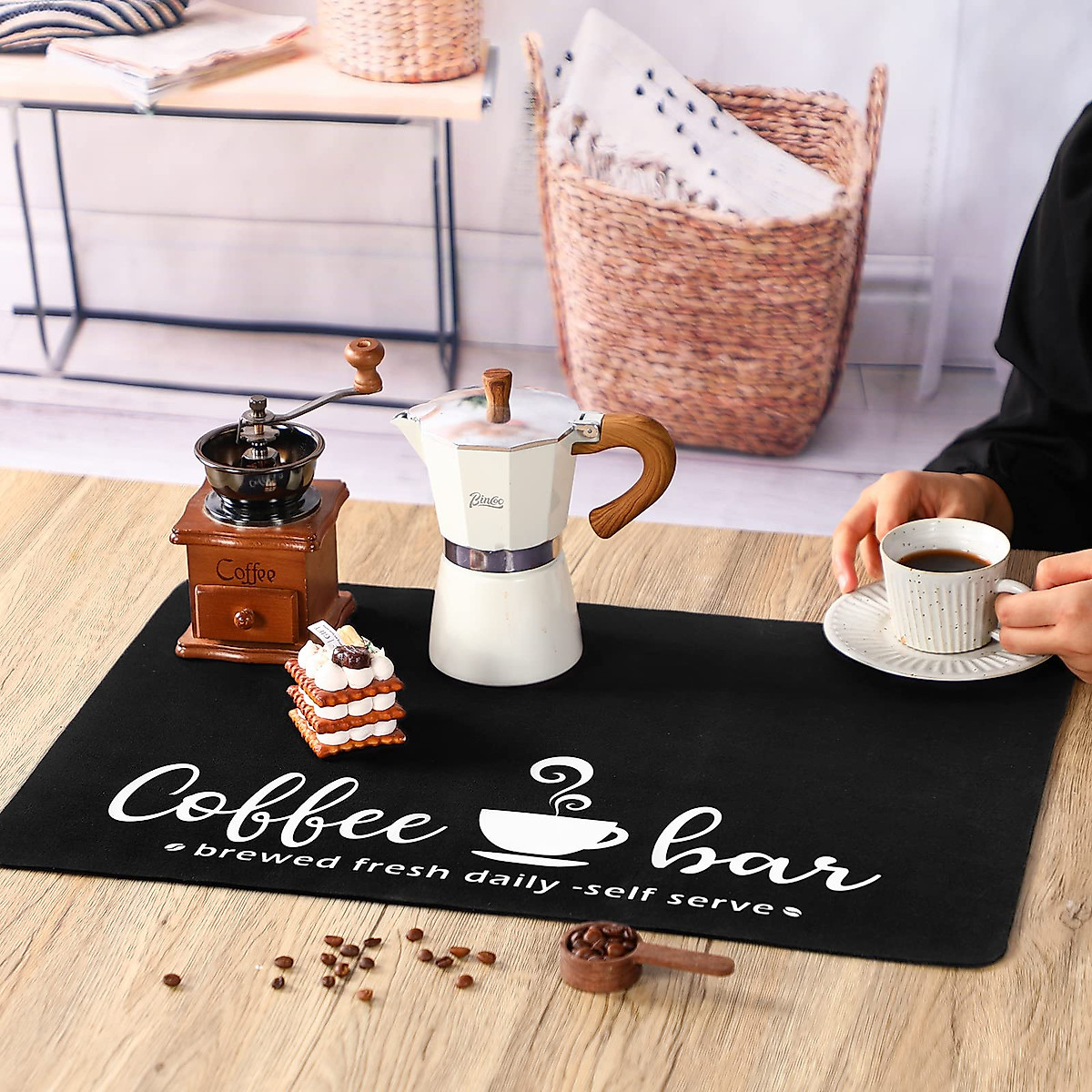 Queekay Coffee bar mat 24" x 16" Coffee mat for countertop Coffee placemats Coffee bar Accessories Coffee Pot mat Hide Stain Rubber Backed Absorbent Dish Drying Mat (Stylish Pattern)
