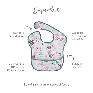 Bumkins Bibs for Girl or Boy, SuperBib Baby and Toddler for 6-24 Months, Essential Must Have for Eating, Feeding Set, Splat Mat for Under High Chair, Mess Saving, Waterproof Fabric, Floral Gray