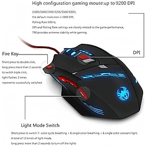 zelotes T90 Gaming Mouse 9200 DPI, 8 Programmable Buttons Multi-Modes LED Lights USB Gaming Mice, Weight Tuning for Laptop, Desktop, PC,- Black