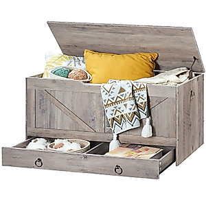 HOOBRO Storage Chest, 39.3" Toy Chest with Drawer, Wooden Storage Bench, Sturdy Entryway Bench Supports 220 lb, Shoe Bench, Safety Hinge, U-Shaped Opening, Easy Assembly, Greige BG710CW01