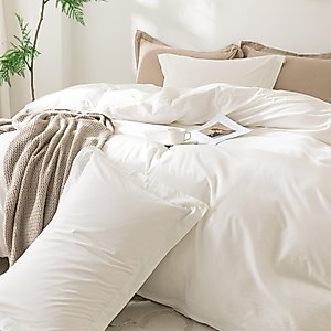 BDEAR Linen Feel Duvet Cover Queen Size, 100% Washed Cotton Comforter Cover Size 90x90inch with Zipper Closure and 2 Pillowcases, Solid-Off White