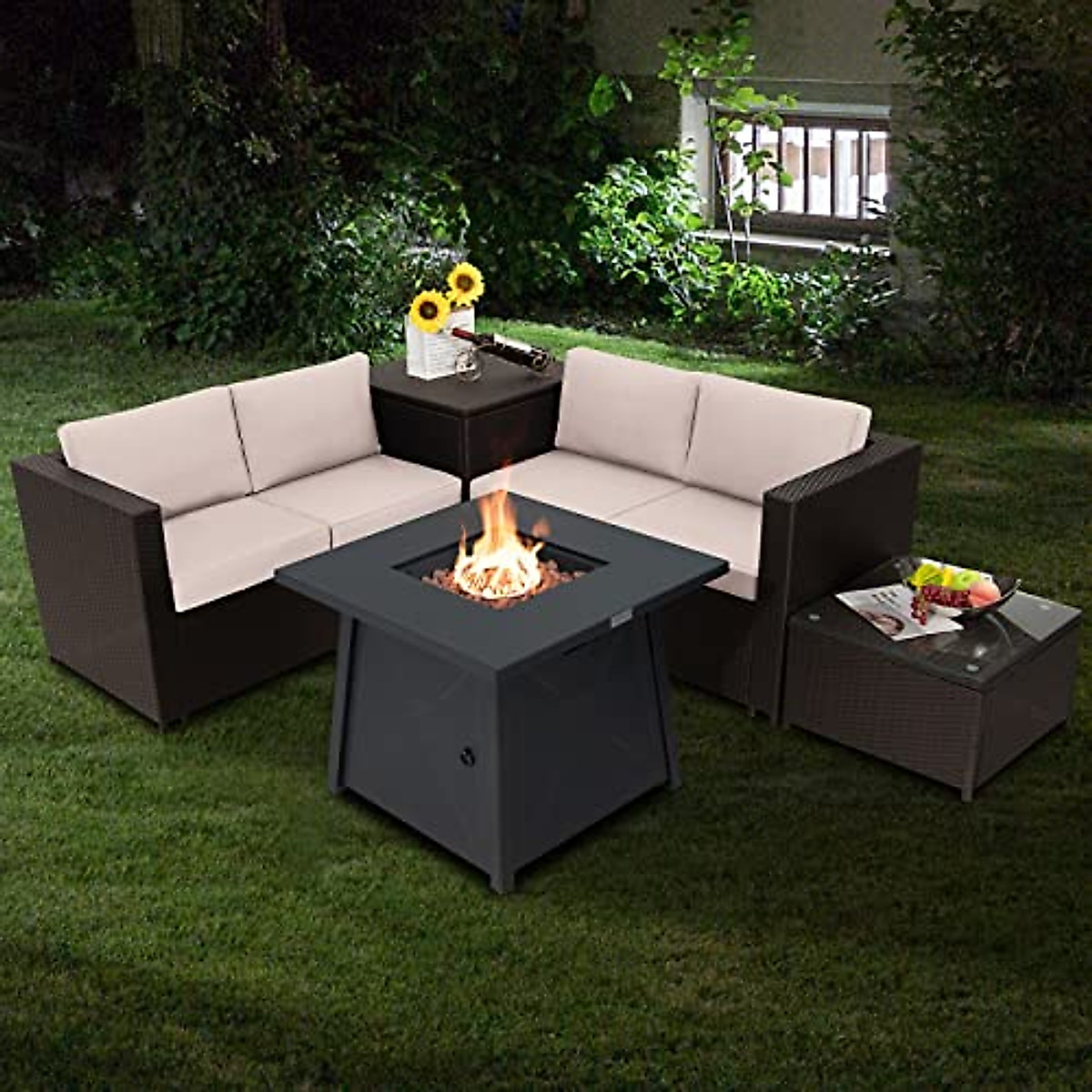 Tangkula 5 Piece Patio Furniture Set with 50,000 BTU Propane Fire Pit Table, Outdoor Wicker Conversation Set w/Cushions, Storage Box and Tempered Glass Coffee Table, 30” Gas Fire Pit Table (Beige)