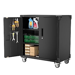 SUPEER Metal Storage Cabinet with Wheels,Rolling Storage Cabinet with 2 Doors and Adjustable Shelves,Suitable for Garage,Home,Office,Gym,School-Assembly Required,Black