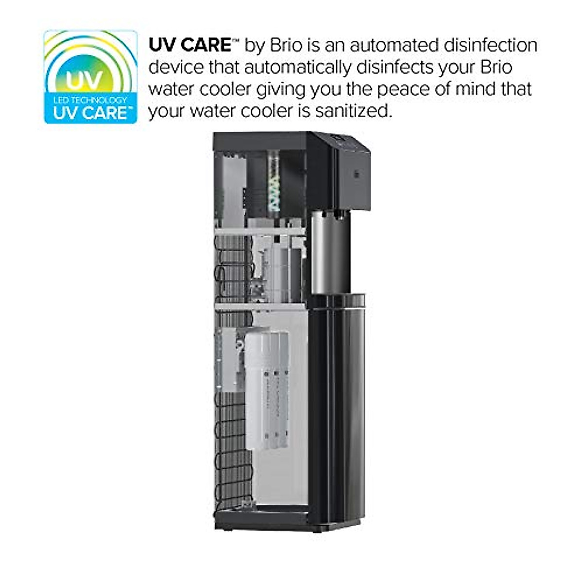 Brio Moderna UV Self Cleaning Bottleless Water Cooler Dispenser with Filtration – Adjustable Temperature – Digital Clock – LED Nightlight – Tri Temp Hot, Cold, and Room, Black Stainless Steel