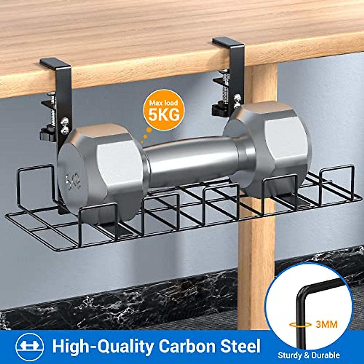 Under Desk Cable Management Tray - No Drill Clamp Mount Steel Cords Organizers - 15.7“ High Capacity Adjustable Removable Docking Station Wires Holder Rack - Home Office Kitchen Table Raceway -1pc