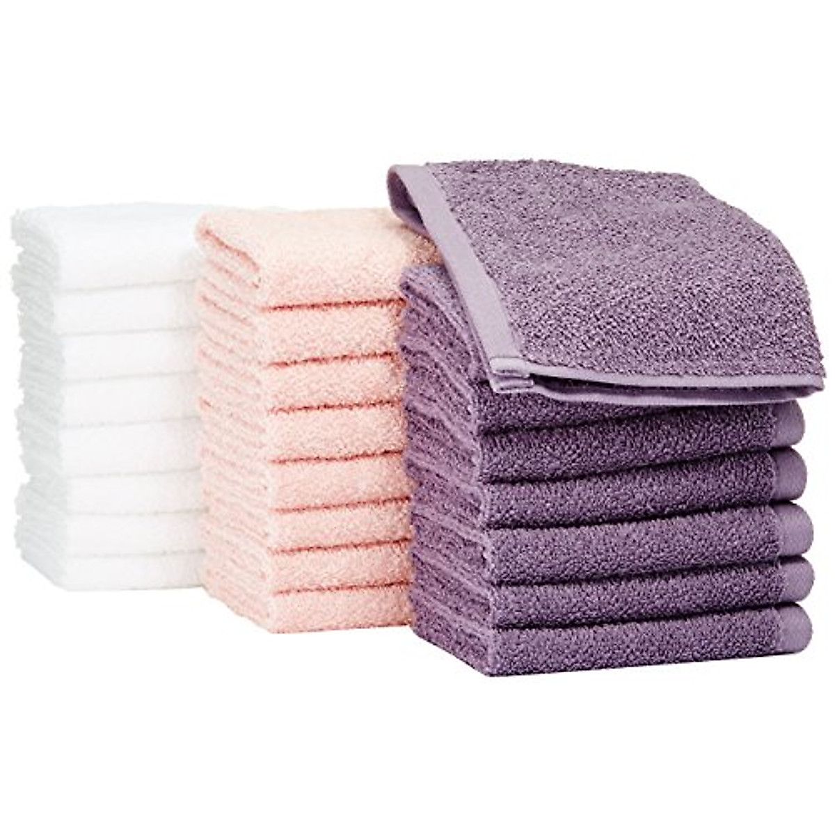 Amazon Basics Fast Drying, Extra Absorbent, Terry Cotton Washcloth, Pack of 24, Petal Pink, Lavender, White, 12" x 12"