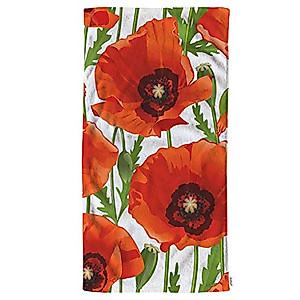 oFloral Red Poppy Floral Hand Towels Cotton Washcloths,Nature Botanical Plant Poppy Flower Bud Leaf Soft Towels for Bathroom/Kitchen/Yoga/Golf/Hair/Face Towel for Men/Women/Girl/Boys 15X30 Inch