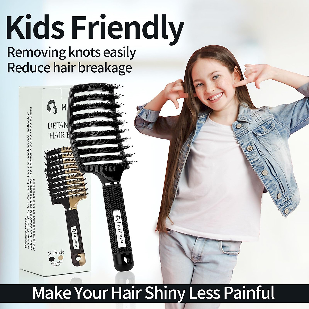 Boar Hair Brushes 2 Pack, Suitable for Men, Women & Kids’ Long Curly Wet or Dry Hair, HIPPIH Hairbrush for Thick Hair Can Adds Shine and Makes Hair Smooth