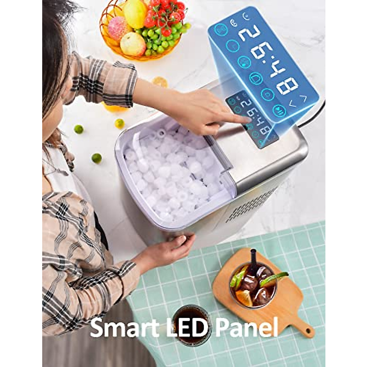 33Lbs/24H Ice Maker Countertop, 10 Ice Cube in 8 Mins, Smart Touch Control LED Panel, Time Reservation & Countdown, Self-Cleaning, 2 Sizes Ice Cube, Portable for Home Camping Party RV, Stainless Steel