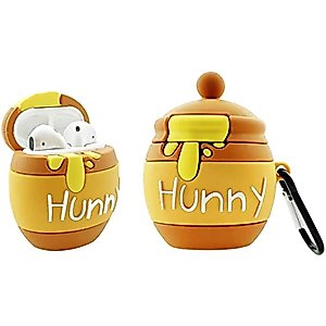 Ultra Thick Soft Silicone Winnie the Pooh Bear Hunny Case with Hook Clip Chain for Apple Airpods 1 2 1st 2nd Honey Pot Jug Disney Disneyland 3D Cartoon Vintage Cute Lovely Gift Girls Kids Daughter