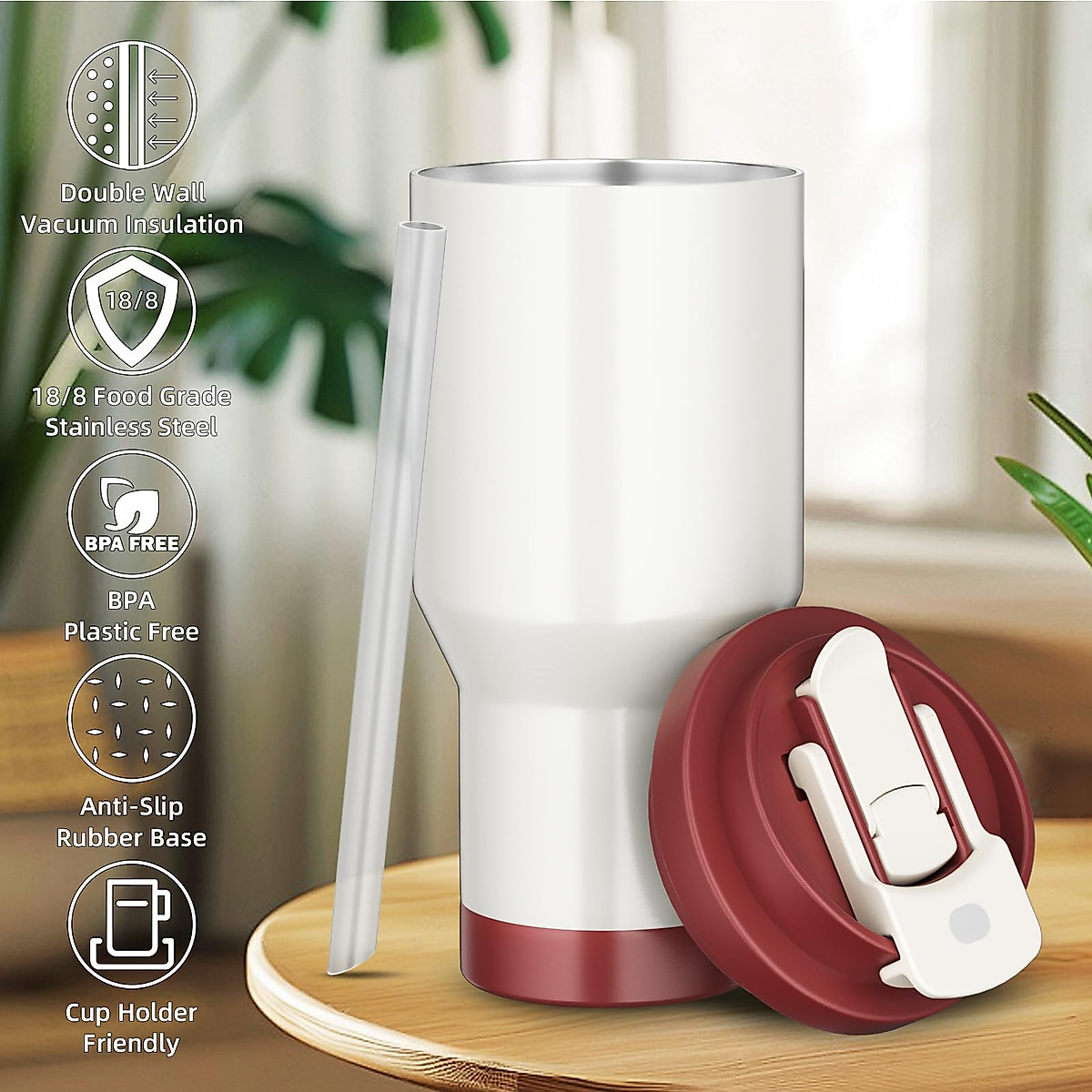 Weisidi Coffee Mug - 18 oz (530ml) Stainless Steel Vacuum Insulated Tumbler - Spill Proof Travel Coffee Tumbler - Keeps Drinks Hot and Cold - Coffee Travel Mug Spill Proof Leak Proof (white-red)