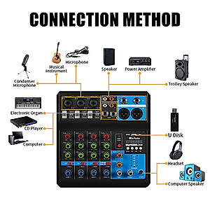 Mini audio DJ mixer Sound Board Console System,5 Channel 48V Phantom Power with Bluetooth USB MP3 Stereo live DJ Studio Streaming for professional recording party KTV stage