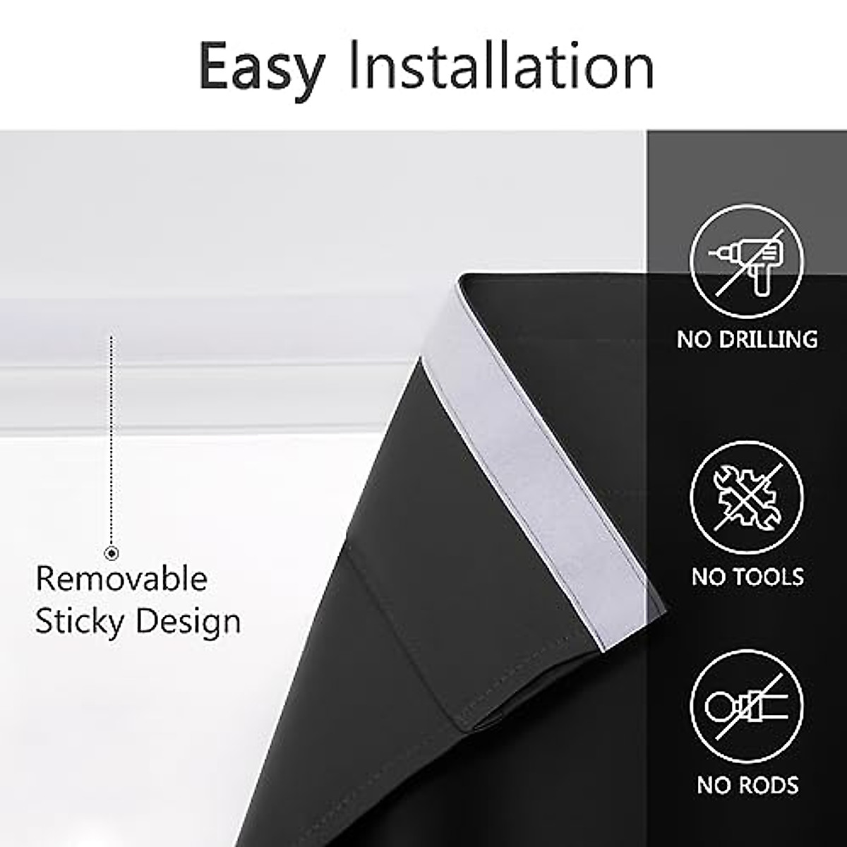 Muamar Velcro Blackout Curtains for Bedroom 2 Panels with Tiebacks(Black, 34" W x 45" L),Without Rods Small Curtains,Kitchen Curtains,Easy Install for Window, Bathroom Door,Wardrobe, Cabinet Etc