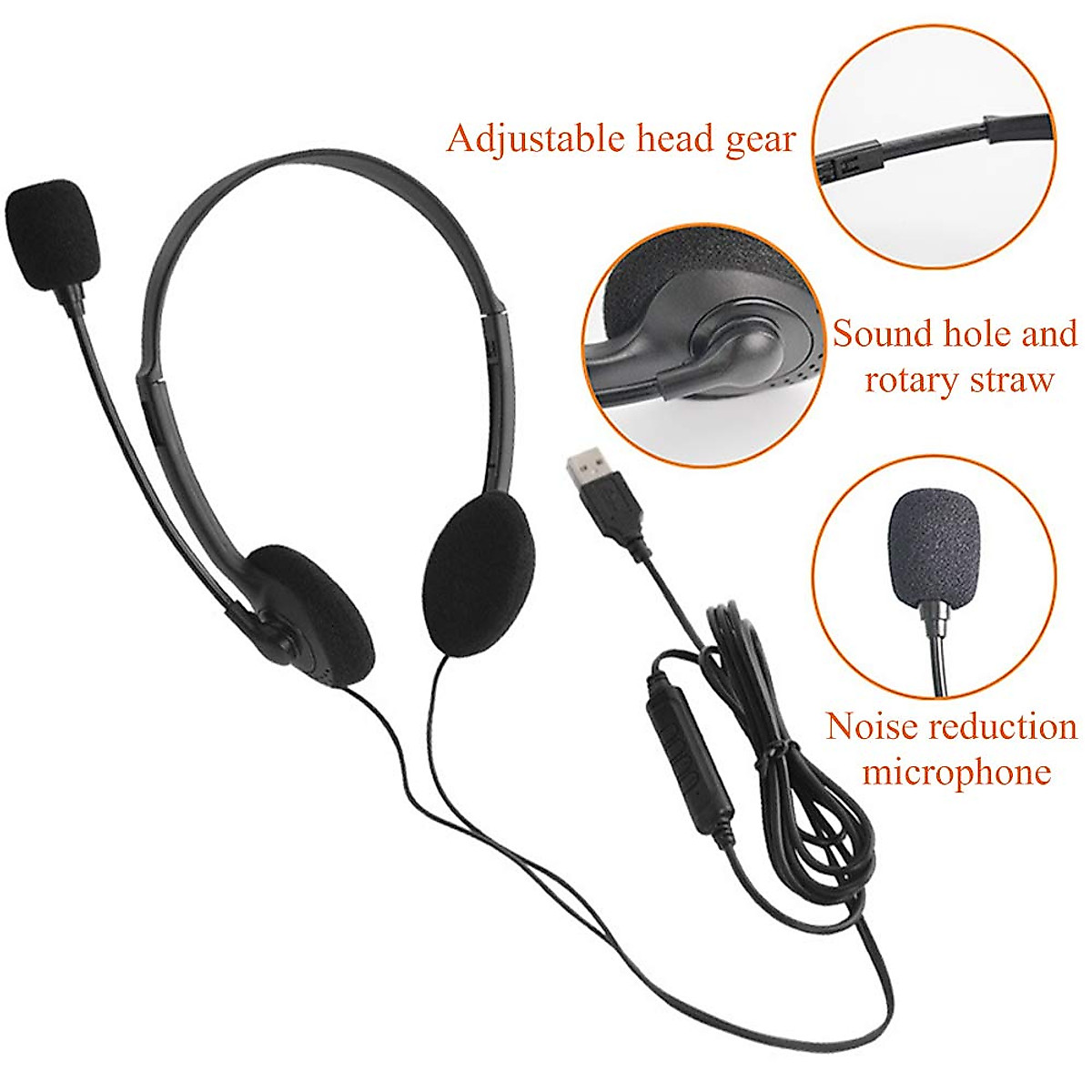 CALIDAKA USB Headset Computer Headset with Microphone, Lightweight PC Headset Wired Headphones Business Headset for Online Courses, Skype Chat, Call Center, Gaming,Noise Reduction