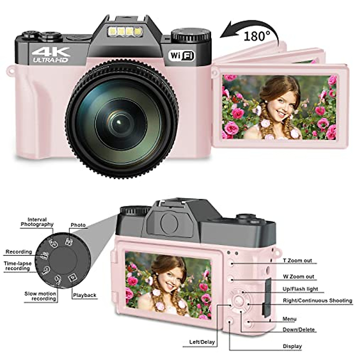 Digital Cameras for Photography, 4K 56MP Vlogging Camera for YouTube with WiFi, Manual Focus, 16X Digital Zoom, 52mm Wide Angle Lens & Macro Lens, 32GB TF Card and 2 Batteries(Pink)