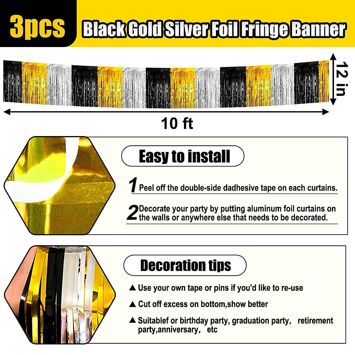 3 Pack 10 Long Black Gold Silver Metallic Foil Fringe Garland Wall Hanging Tassle Banner, Bridal Shower, Valentine's Day， Parade Floats, Birthday, Theme party, New Year Party Decorations