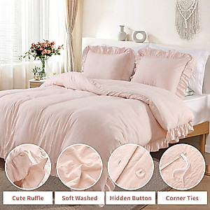 Fashionwu Duvet Cover Queen Size, Microfiber Ruffled Duvet Cover Set Soft and Breathable Queen Duvet Cover Set for All Season 3 Pieces (1 Duvet Cover, 2 Pillowcases), Pink
