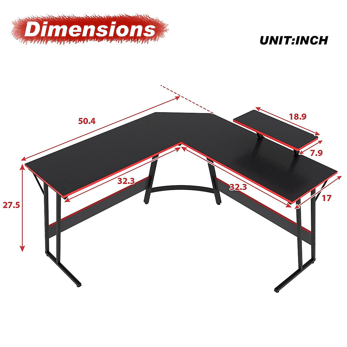L Shaped Desk 50.6 Inch Gaming Desk Corner Gaming Desk Computer Desk with Large Desktop Work Place Black (Black)