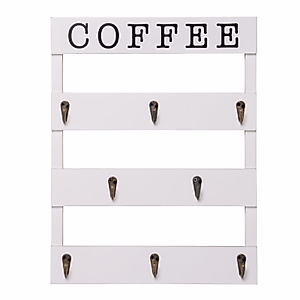 EMAISON Solid Wood Coffee Mug Holder Wall Mounted, Rustic Cup Rack with 8 Hooks Large Space for Big Cups for Kitchen, Home, Coffee Bar Station (White)
