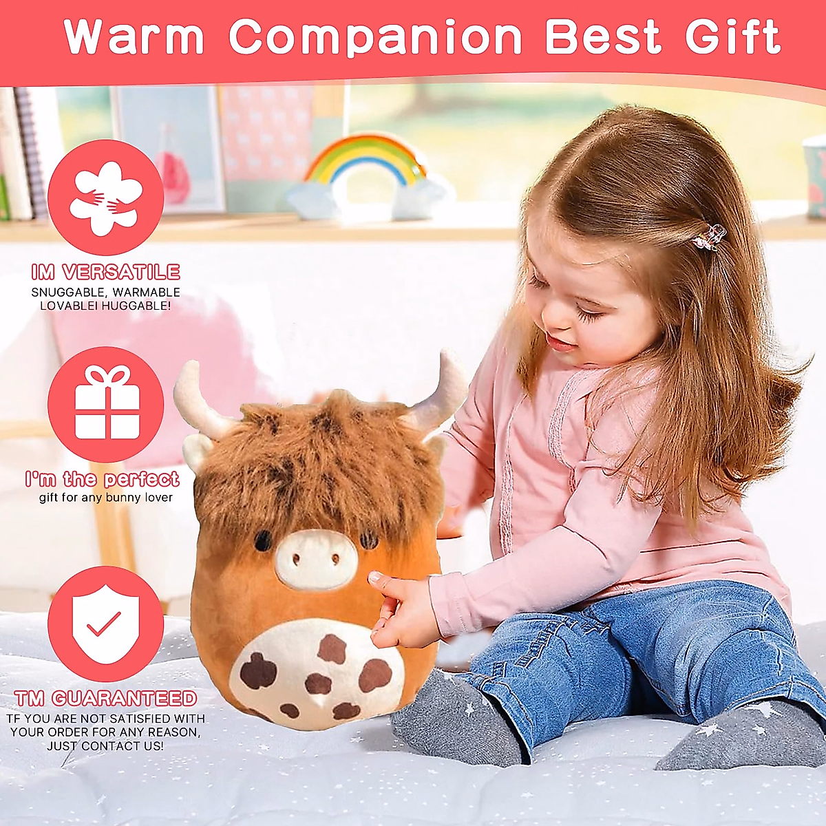 WeightedPlush 12'' Scottish Cow Plush Toy - Soft Stuffed Animal Pillow for Kids, Girls, Boys - Cute Kawaii Brown Fluffy Cow Plushie for Birthdays, Valentines Day