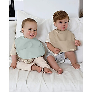 WILLOW + SIM Waterproof Baby Bibs for Baby boy - Better than Silicone & Plastic - Toddler Bibs with Food Catcher - Baby bibs for boys, Feeding bib for Babies and Infants - No Sleeve - Sage